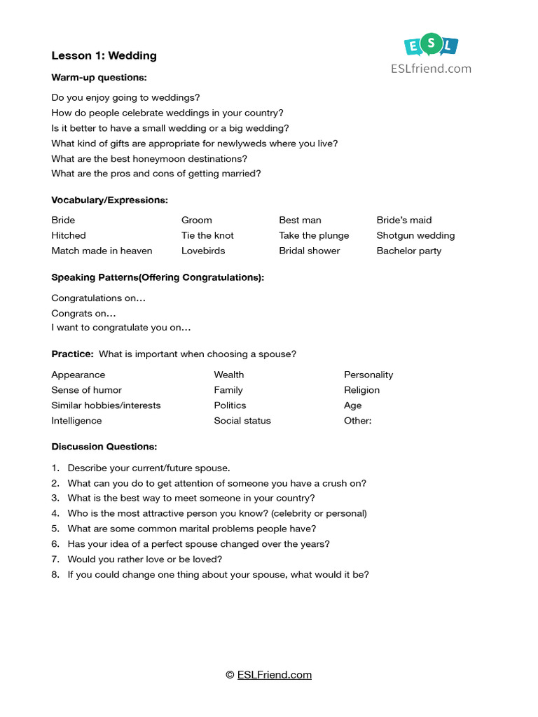 Int02 Lesson01 Wedding | PDF