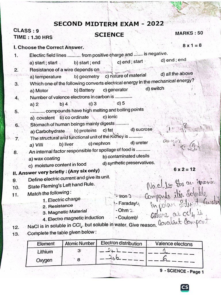 9th Science 2nd Mid Term Exam 2022 Original Question Paper Tirupattur ...