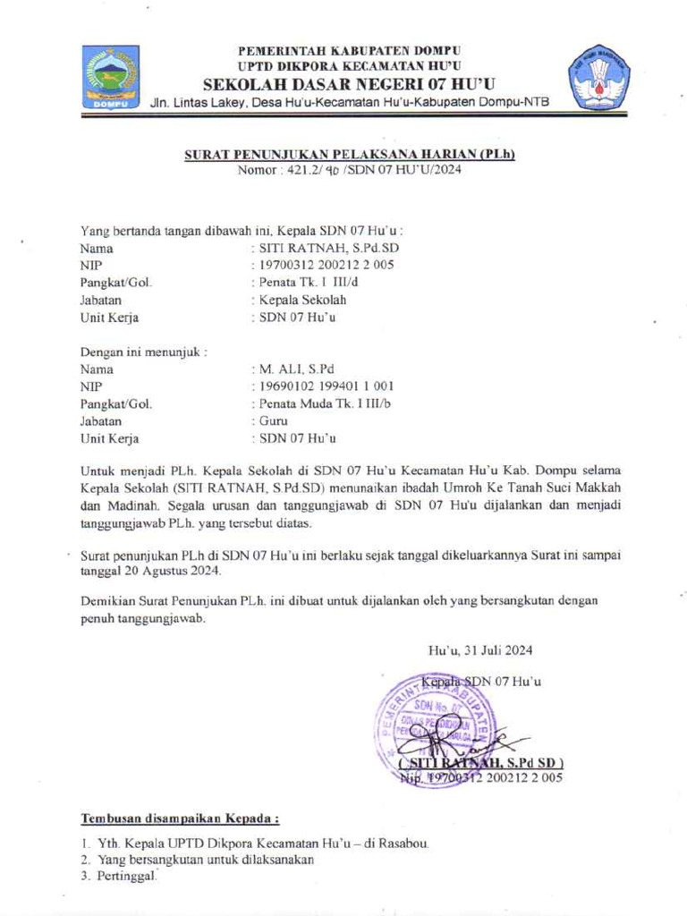 Surat Penunjukan PLH Kepsek SDN 07 Huu | PDF