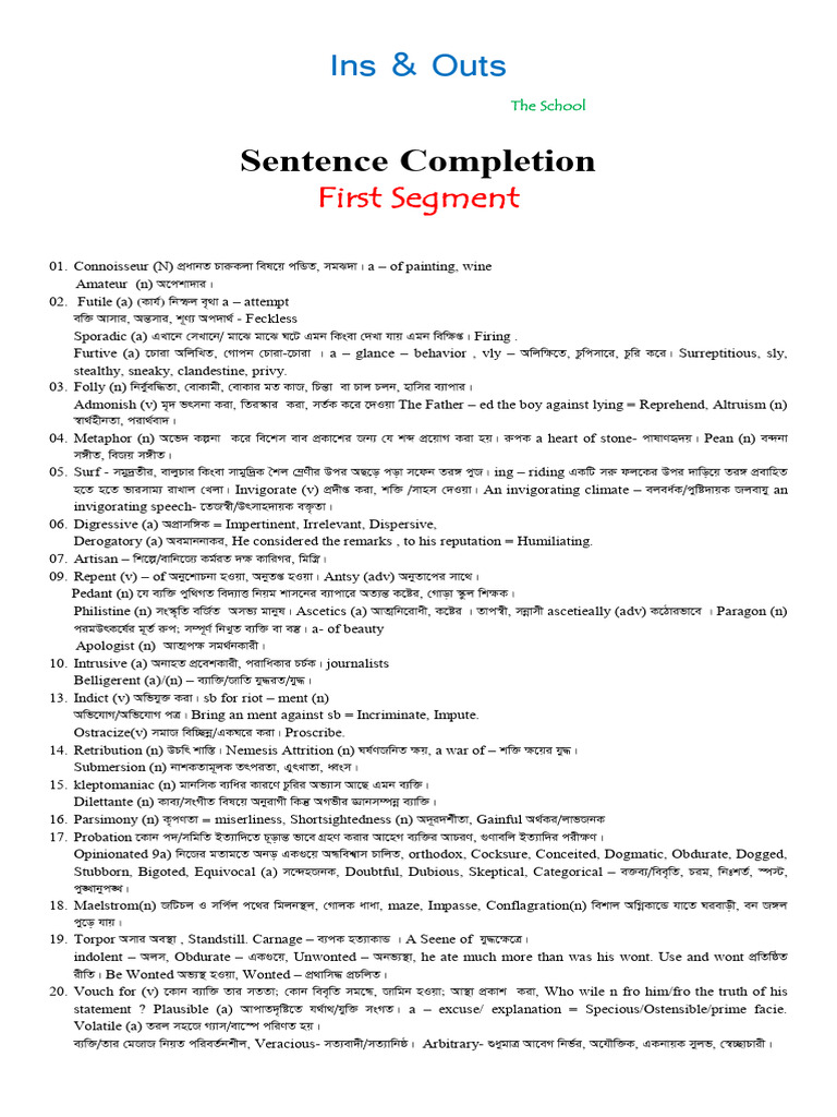 Sentence Completion (Vocabulary) . | PDF