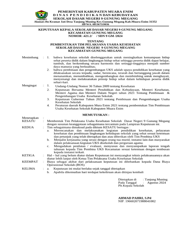 Contoh SK Tim Pembina Uks Lembaga | PDF