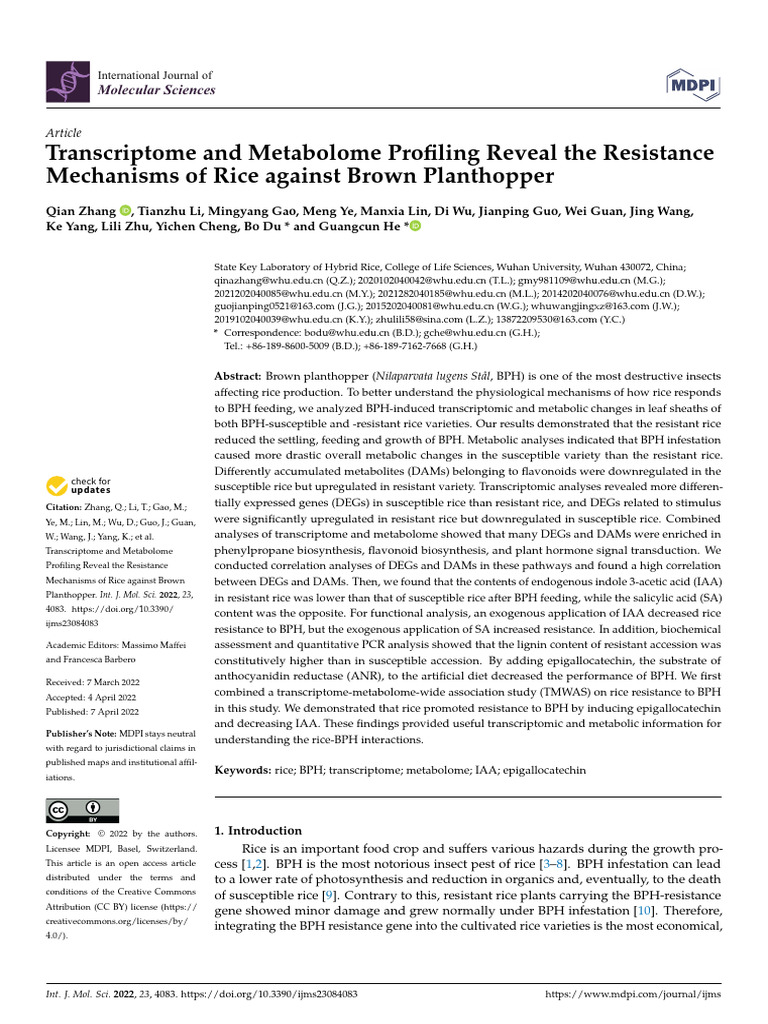Transcriptome and Metabolome Profiling Reveal the Resistance Mechanisms ...