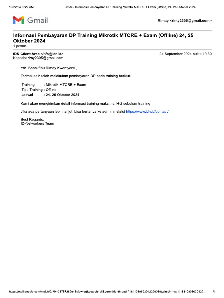 Bukti Pembayaran DP Training MTCRE | PDF