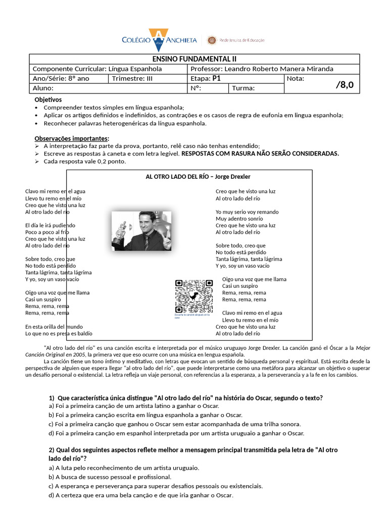 Componente Curricular: Língua Espanhola Professor: Leandro Roberto ...