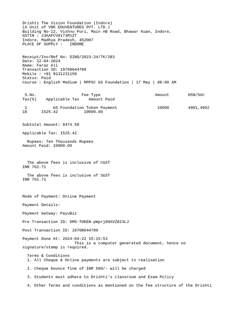 Drishti Token Payment Invoice 1 | PDF
