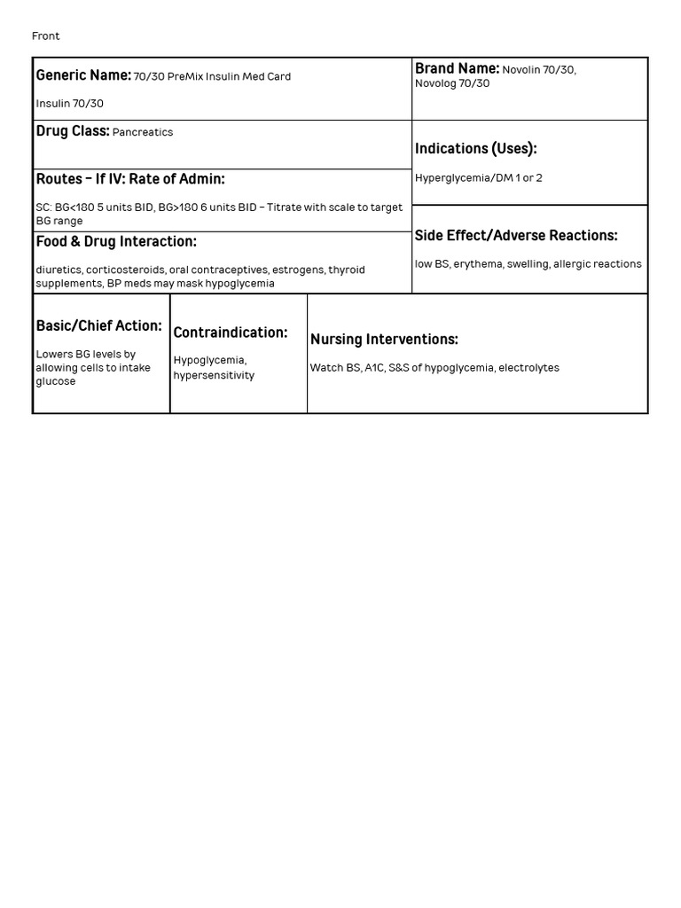 7030 PreMix Insulin Med Card | PDF