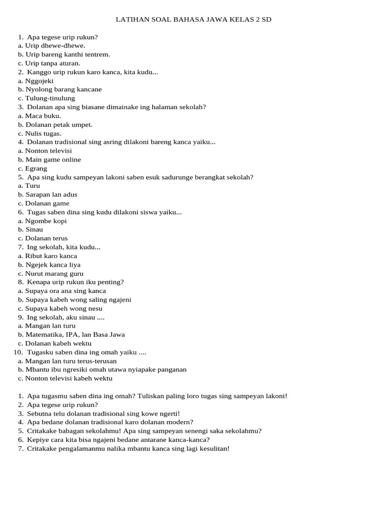 Latihan Soal Bahasa Jawa Kelas 2 SD | PDF