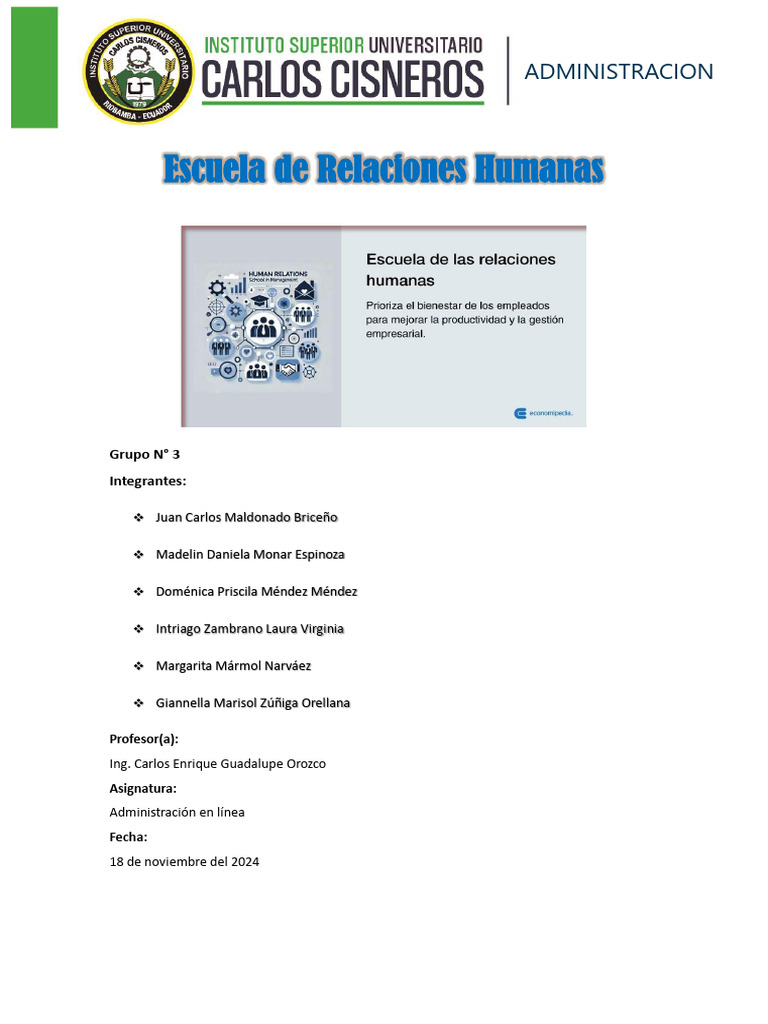 Grupo #3 Escuela de Relaciones Humanas PDF | PDF | Sicología | Business