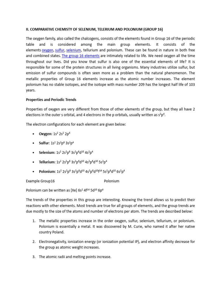 Comparative Chemistry of Se, Te, and Po | PDF | Chemical Substances ...