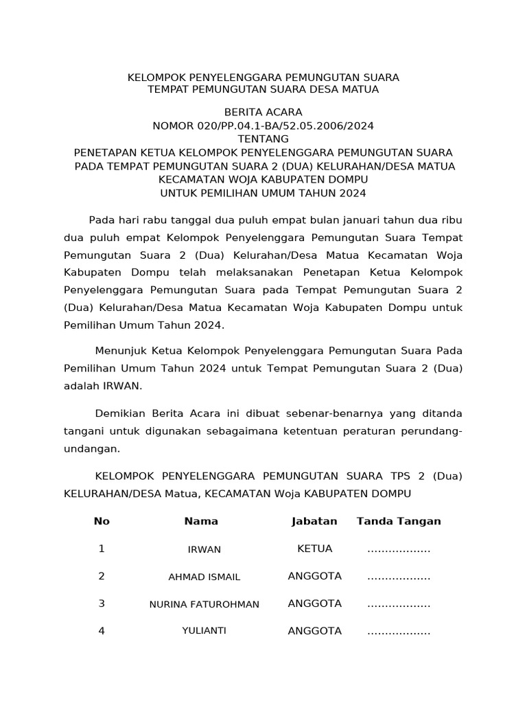 Format Ba KPPS Ketua KPPS - TPS 2 | PDF
