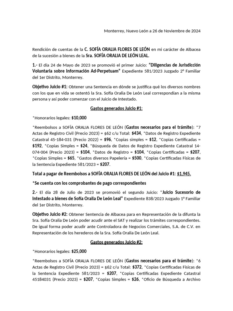 Rendición de Cuentas Albacea Sofía Flores | PDF | Gobierno