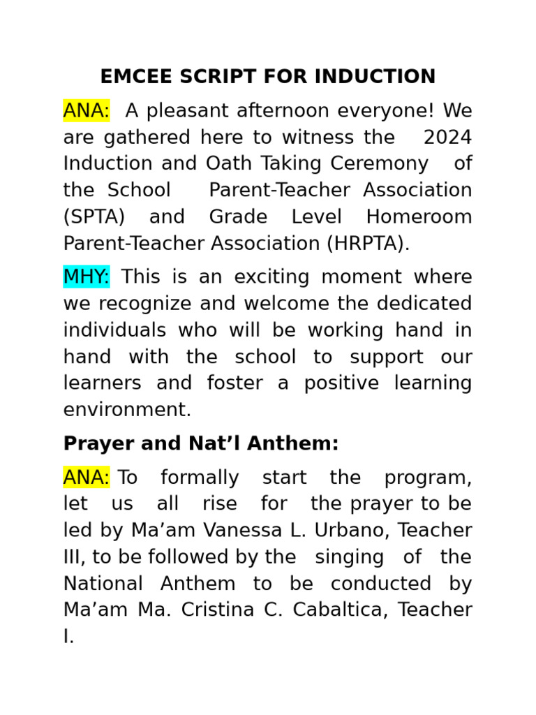 Emcee Script For Induction | PDF