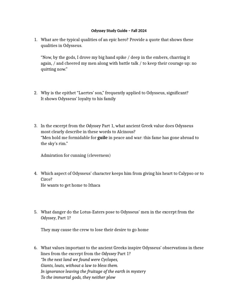 Odyssey Study Guide Key Fall 2024 | PDF | Penelope | Odyssey