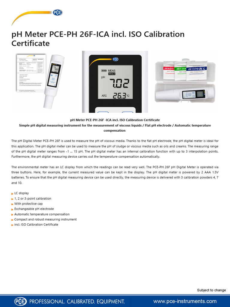 PCE-PH 26F pH Meter with ISO Certificate | PDF | Calibration | Ph