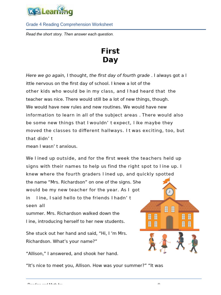 4th Grade 4 Reading First Day | PDF | Reading Comprehension | Learning