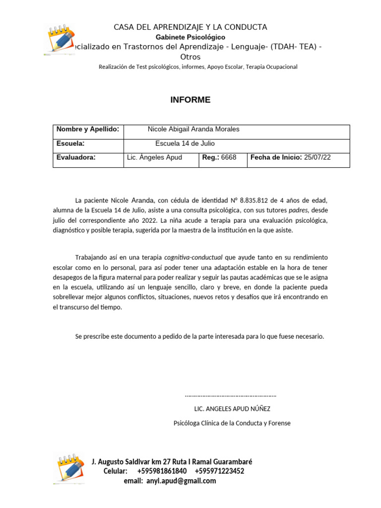 Informe Psicológico de Nicole Aranda | PDF