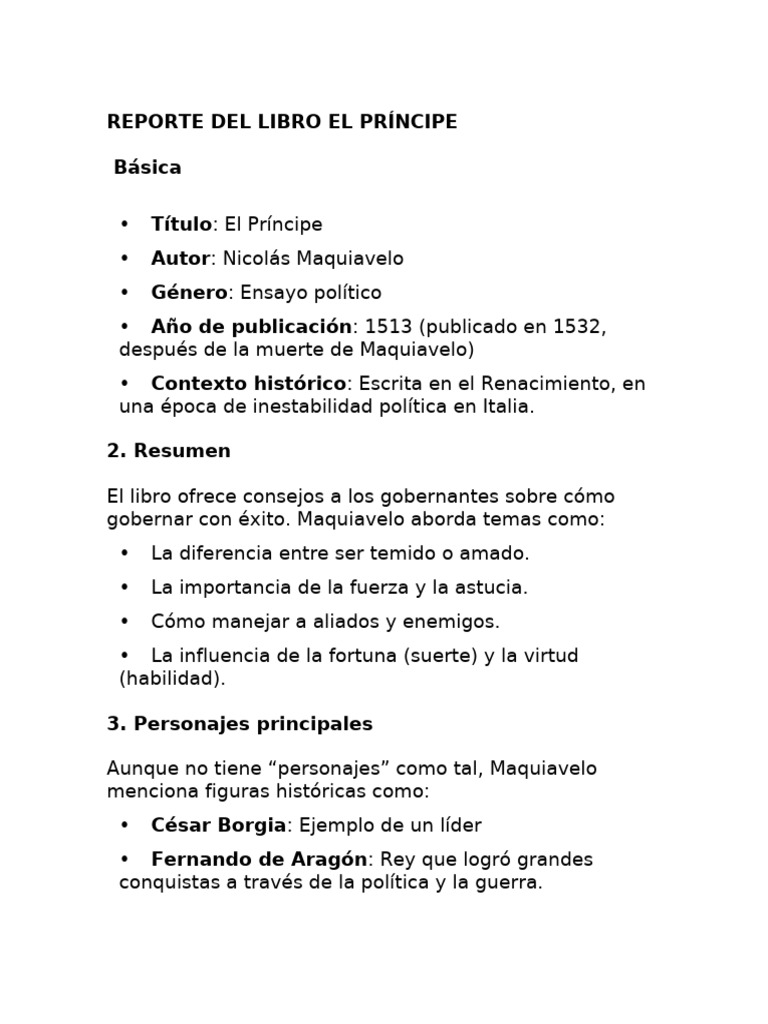 Reporte Del Libro El Príncipe Básica Título Autor Género Año de Publicación Contexto Histórico | PDF