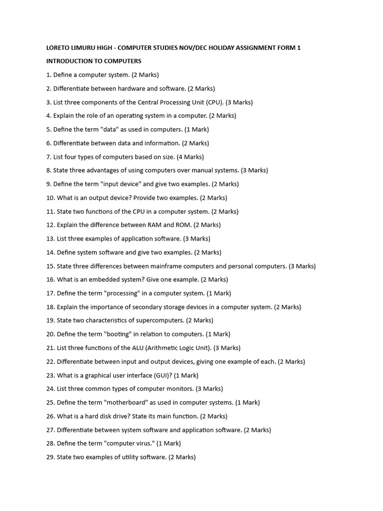 Form 1 Computer Studies Assignment | PDF | Operating System | Computer ...