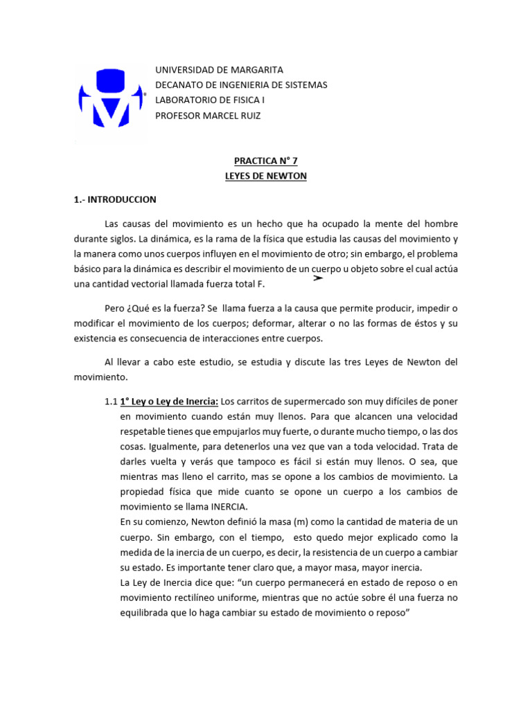 Practica Vi. Leyes de Newton | PDF | Fuerza | Masa