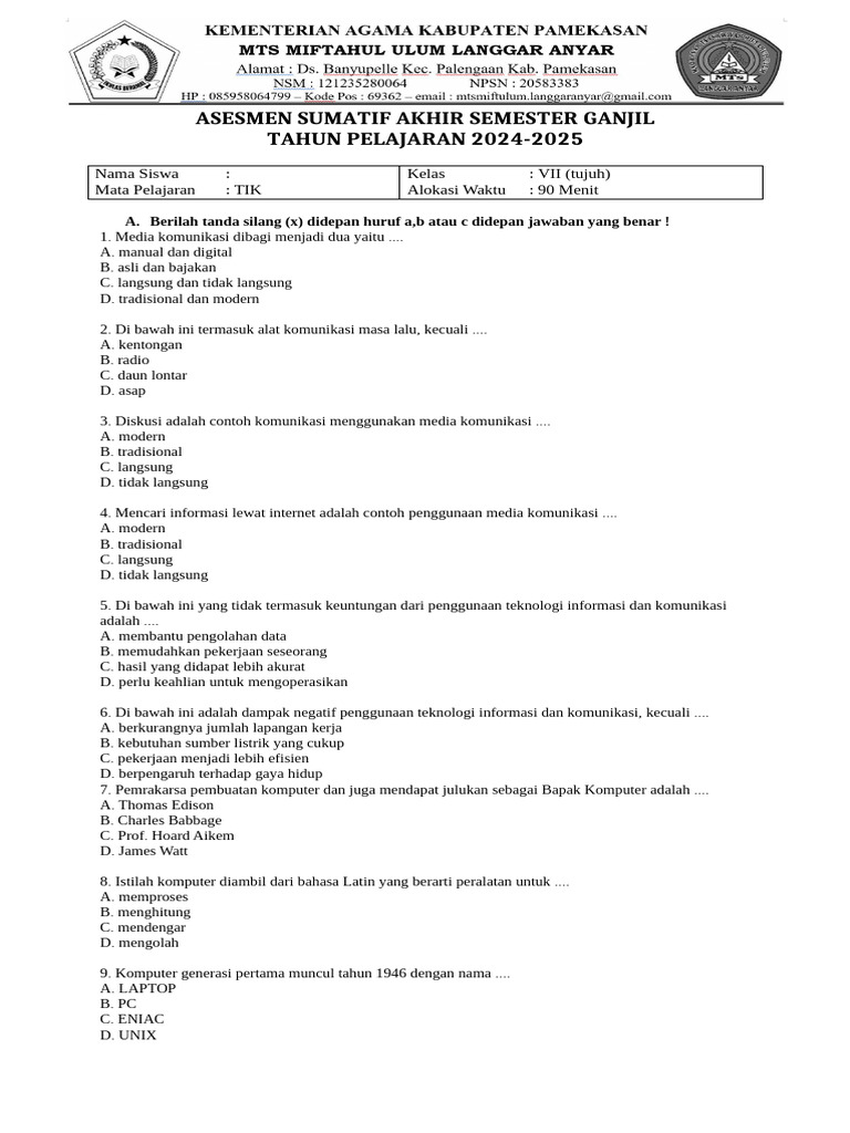 Asesmen Sumatif Akhir Semester Ganjil Tik | PDF