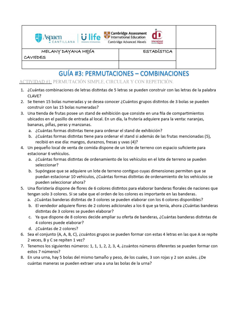 Guía #3 PERMUTACIONES, COMBINACIÓN | PDF
