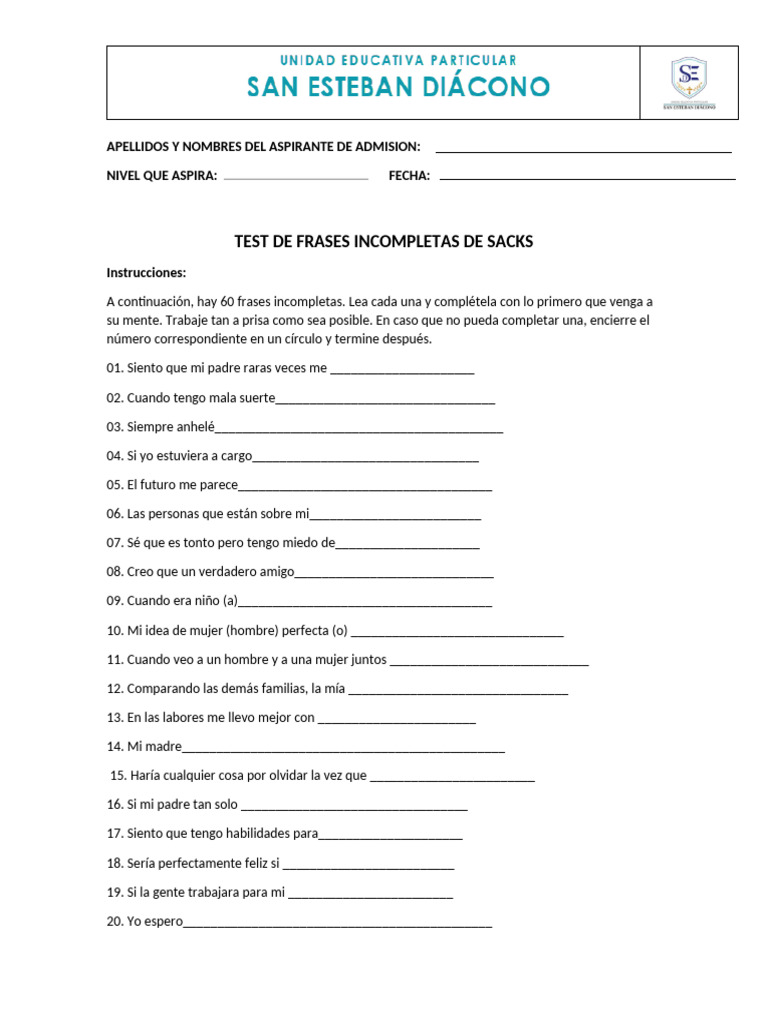 TEST DE FRASES INCOMPLETAS DE SACKS | PDF