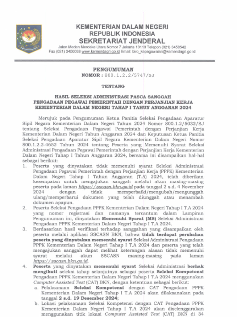 Pengumuman Hasil Seleksi Administrasi Pasca Sanggah Pengadaan Pegawai Pemerintah dengan ...