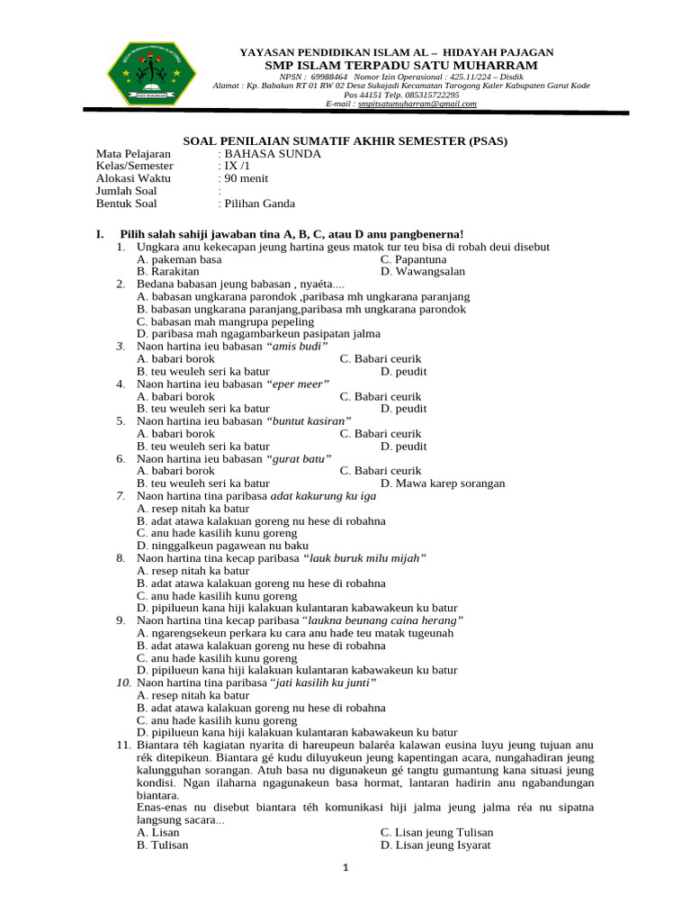 SOAL PSAS SUNDA Kelas IX 24-25 | PDF