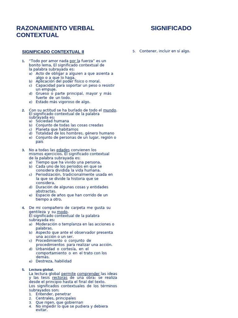 Aptitud Verbal 5to 2020 09 b Significado Contextual 2 | PDF | Conocimiento
