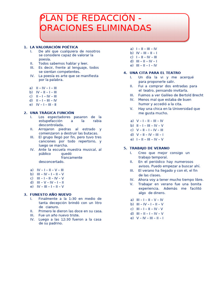 Ejercicios de Plan de Redaccion y Oraciones Eliminadas para Cuarto de Secundaria | PDF | Bronce