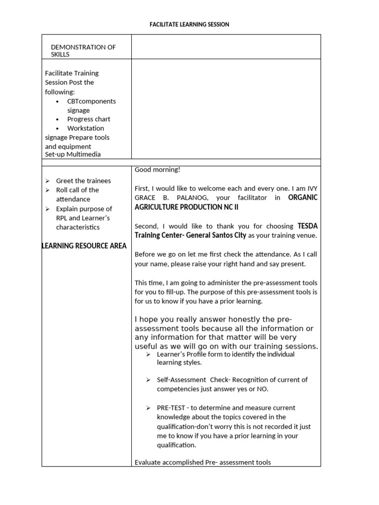 Facilitate Learning Session Script | PDF | Educational Assessment | Cognition
