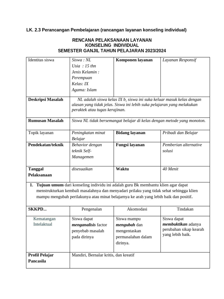 RPL Konseling Individual PPL Siklus 2 (Mutia) | PDF