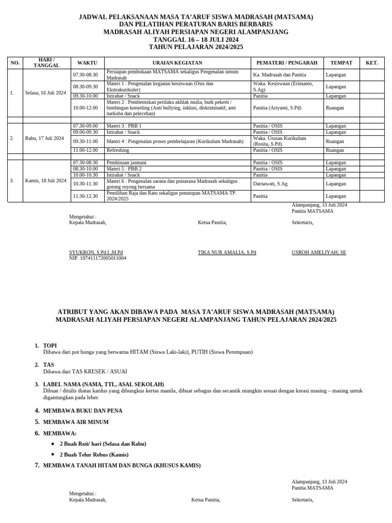 Jadwal Mos Tika (2024-2025) | PDF