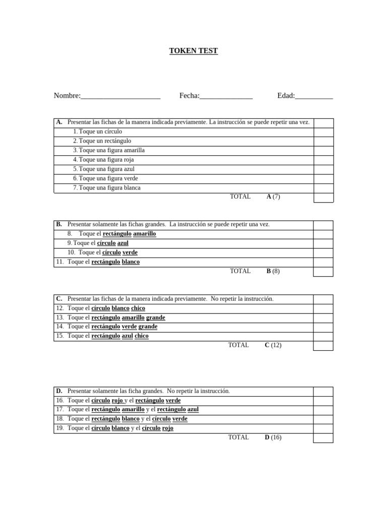 Valoración y Protocolos Token Test | PDF