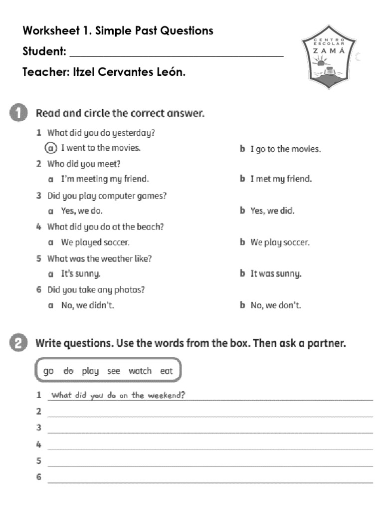 Worksheet 1 - Simple Past Questions | PDF