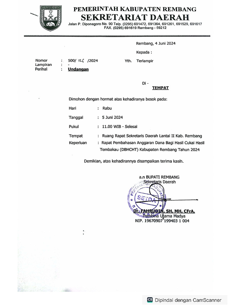 SEKDA Undangan Rapat Pembahasan Anggaran Dana Bagi Hasil Cukai Hasil Tembakau (DBHCHT) 2024 | PDF