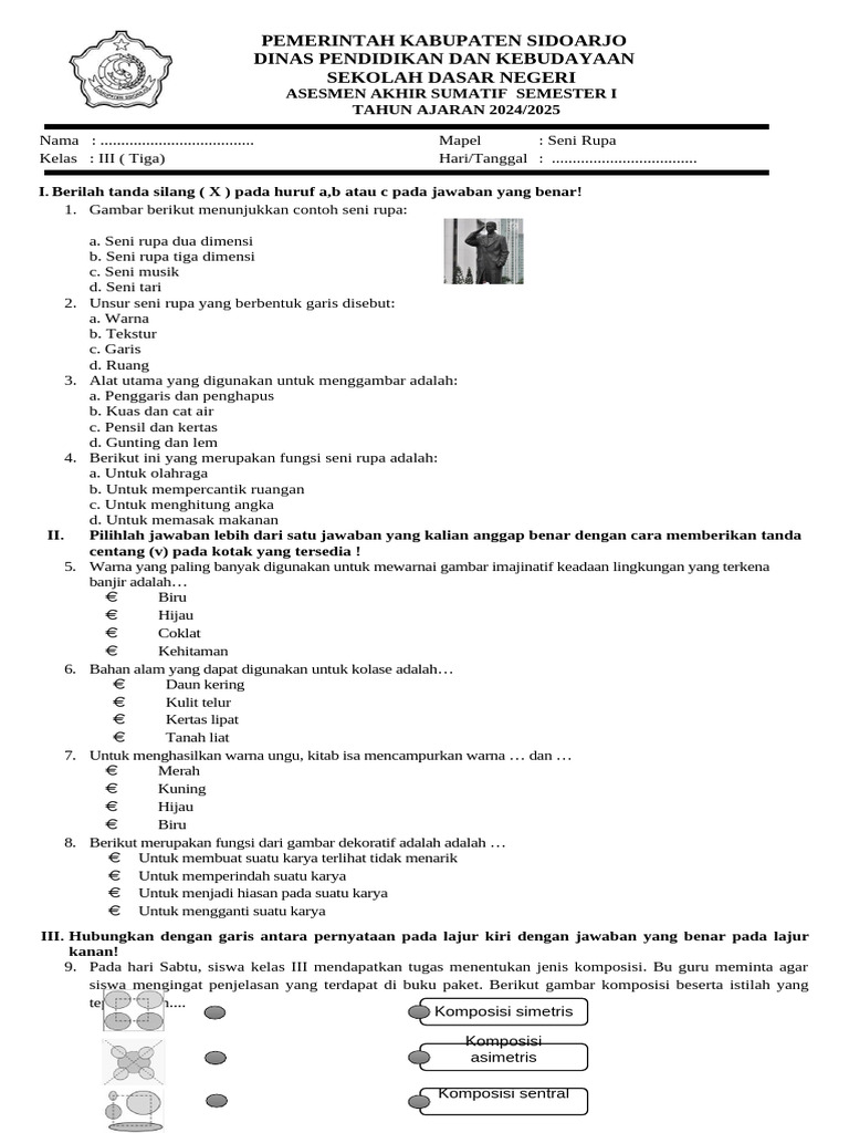 Soal Sas Seni Rupa Kelas 3 | PDF
