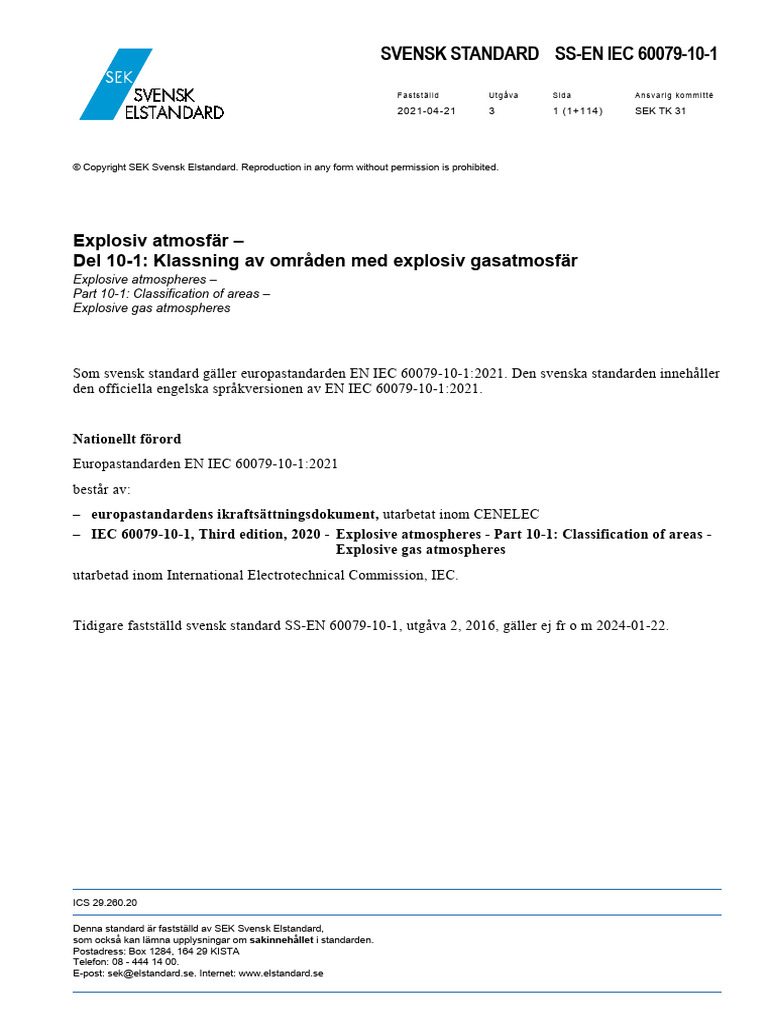 Explosiv Atmosfär - Del 10-1: Klassning Av Områden Med Explosiv Gasatmosfär | PDF