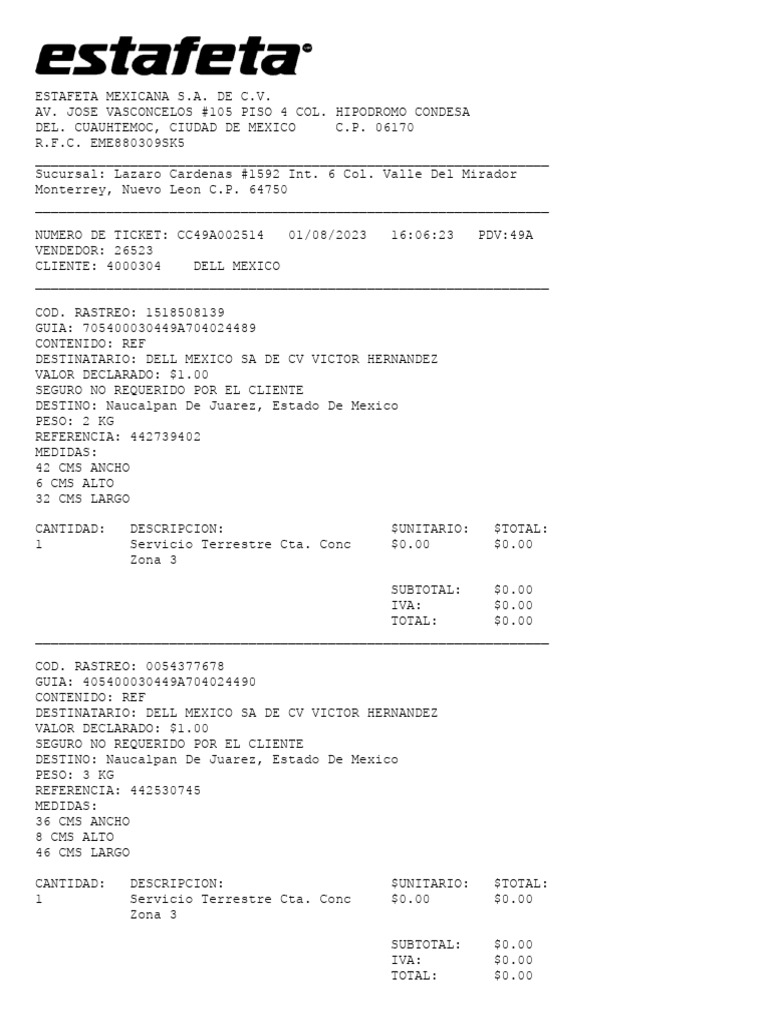 Ticket de Compra Estafeta CC49A002514 2023-08-01 | PDF