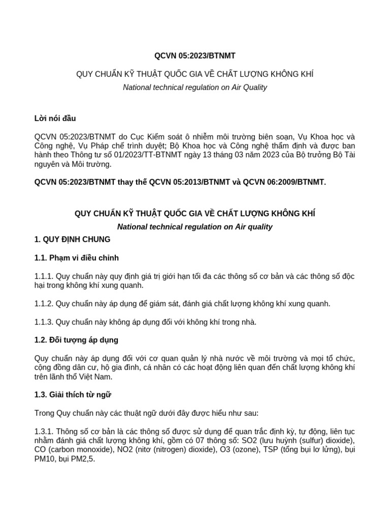 QCVN 05-2023-BTNMT - về chất lượng không khí | PDF