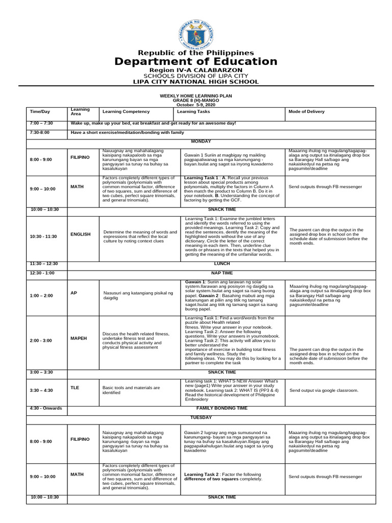 Weekly Home LEarning Plan | PDF