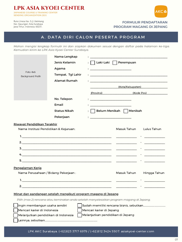 01 Formulir Pendaftaran Program Magang Di Jepang LPK AKC Surabaya | PDF