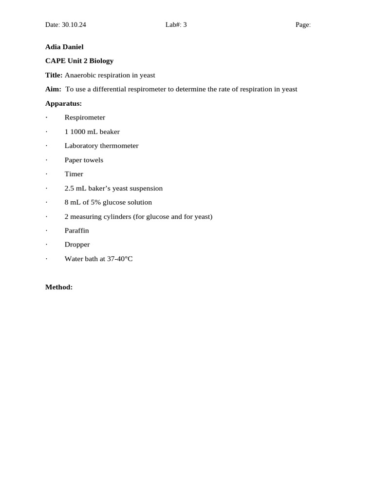 CAPE Bio Lab #3 Anaerobic Respiration in Yeast | PDF | Cellular ...