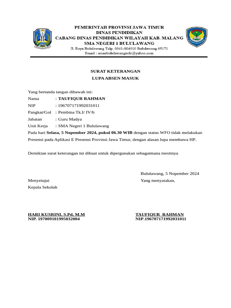 Surat Keterangan Lupa Absen | PDF