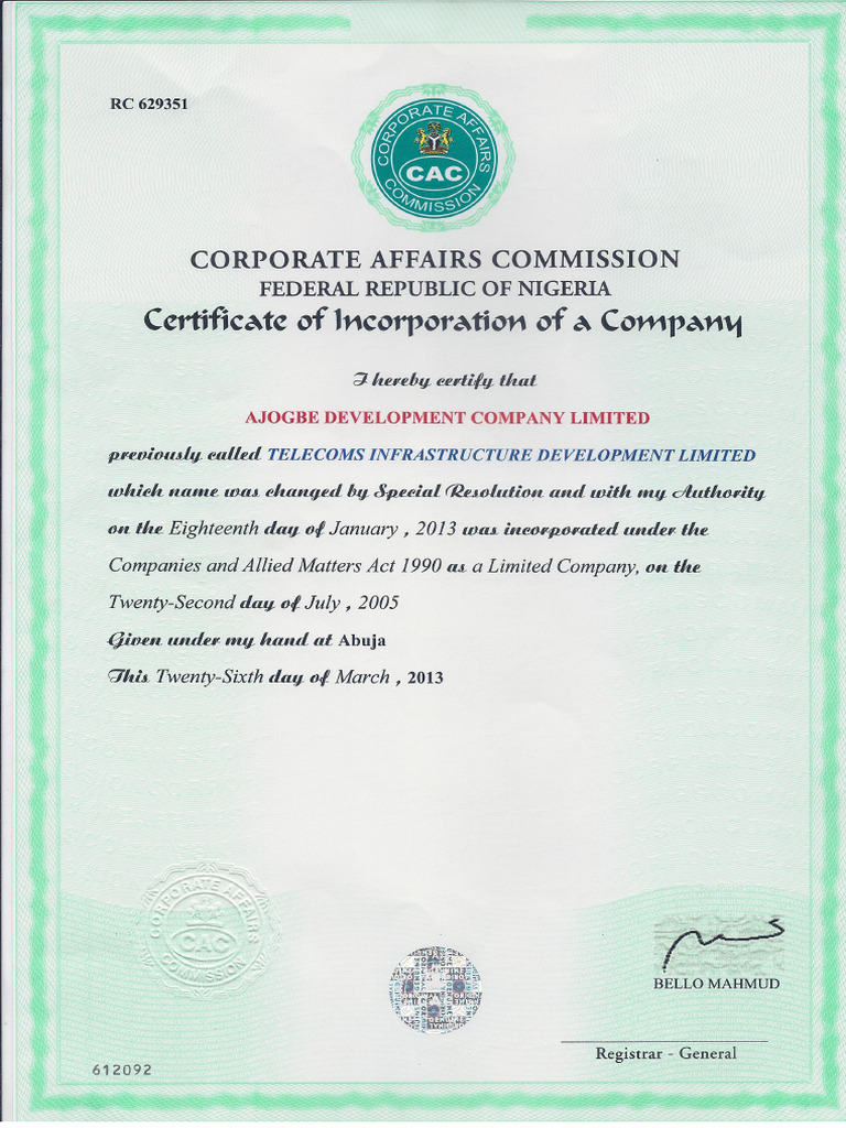 Ajogbe To Kajola Old Cac Certificate | PDF