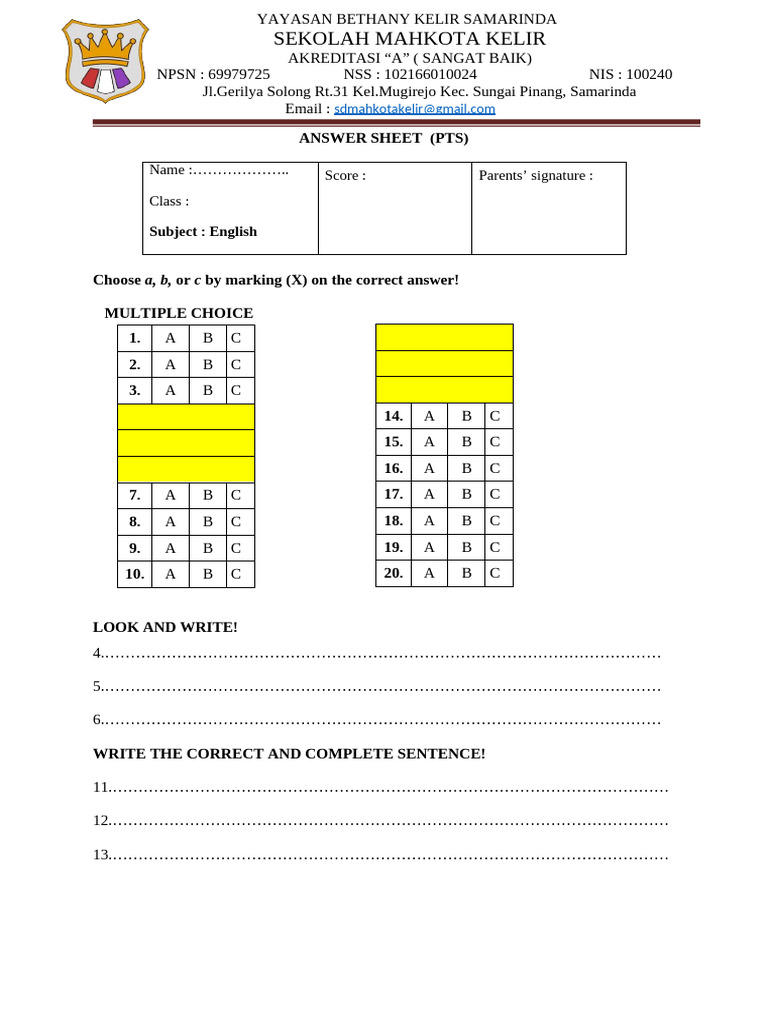 Answer Sheet (Pas - Grade 2) | PDF