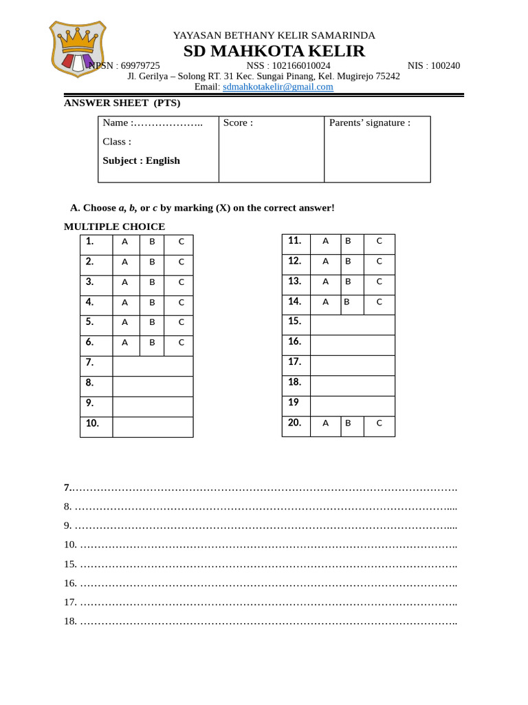 Answer Sheet (Pas - Grade 4) | PDF