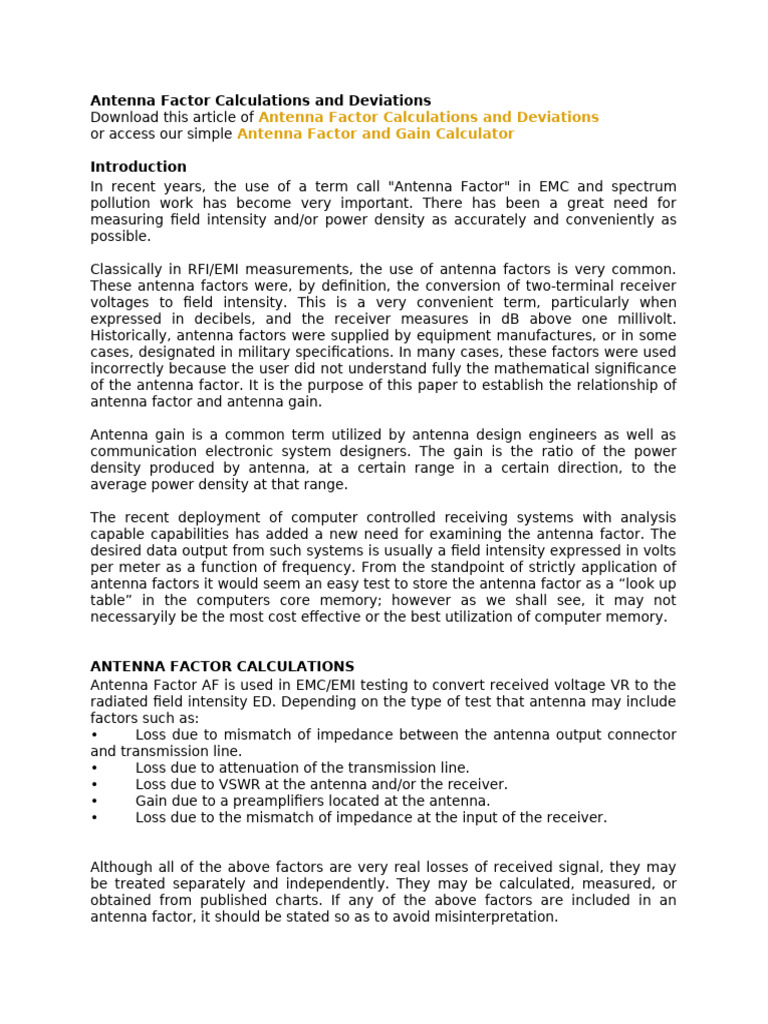 Antenna Factor Calculations and Deviations | PDF | Antenna (Radio) | Decibel