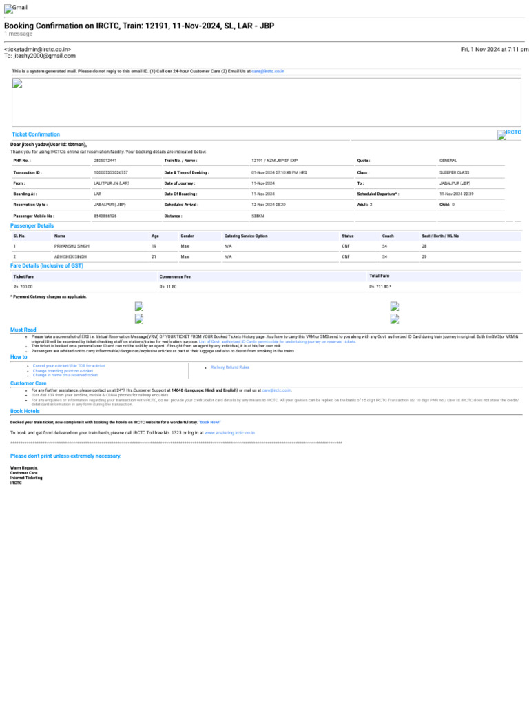Gmail - Booking Confirmation On IRCTC, Train - 22182, 11-Nov-2024, SL ...