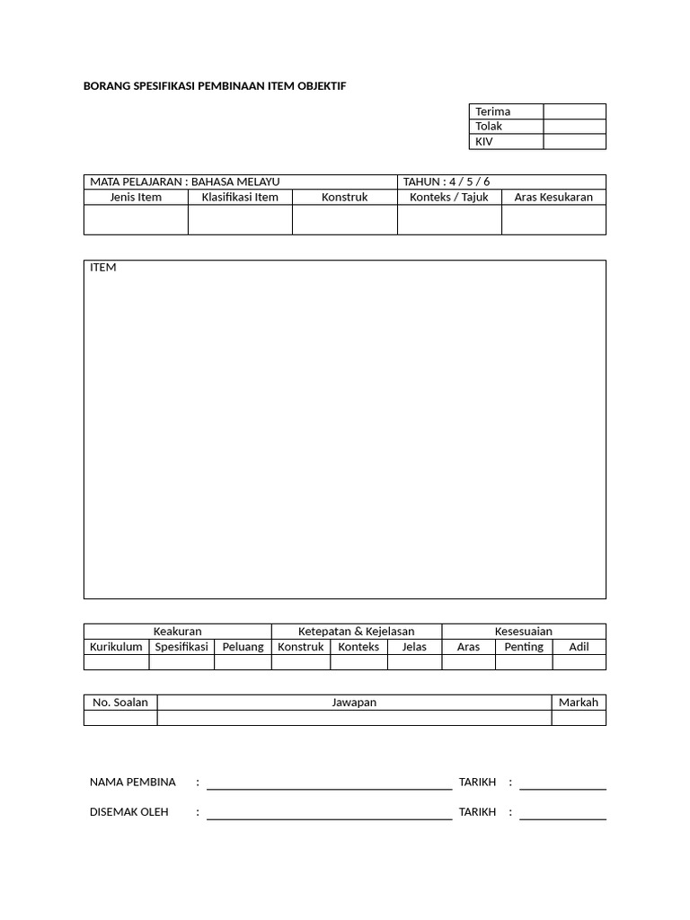 Borang Spesifikasi Pembinaan Item | PDF